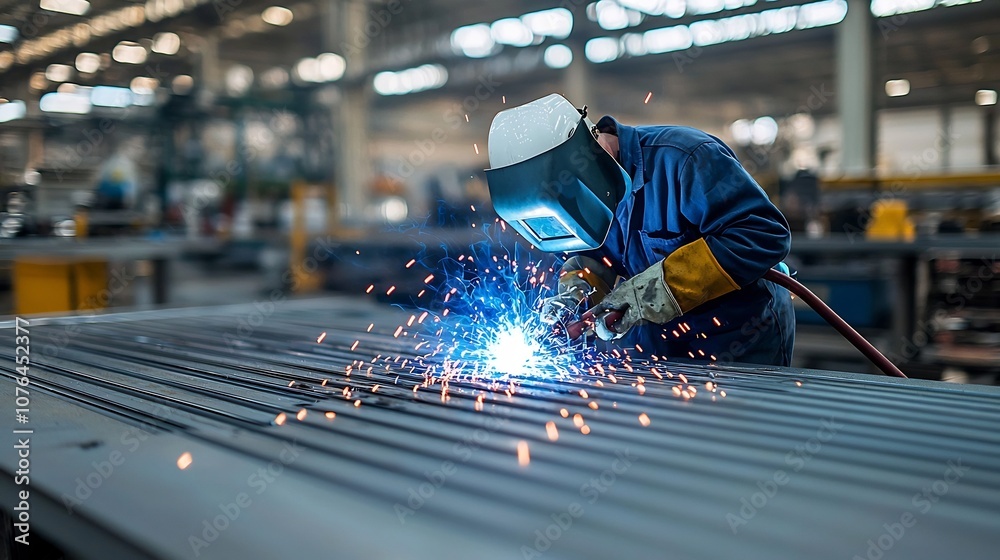 Skilled welder intently focused on welding metal creating intense blue ...