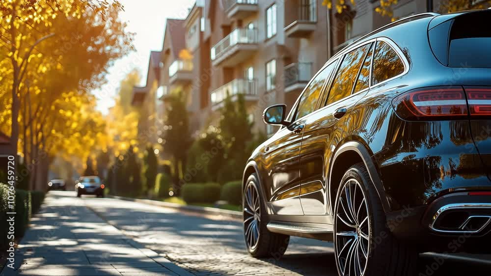 Luxury black SUV driving on urban street with autumn trees and sunlight ...