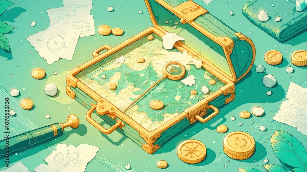 An open treasure chest revealing a map, compass, and gold coins. Stock ...