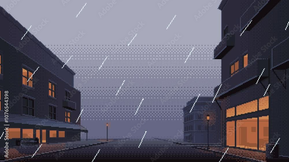 Lightning strikes, thunderstorm and rain over city buildings, pixel art ...