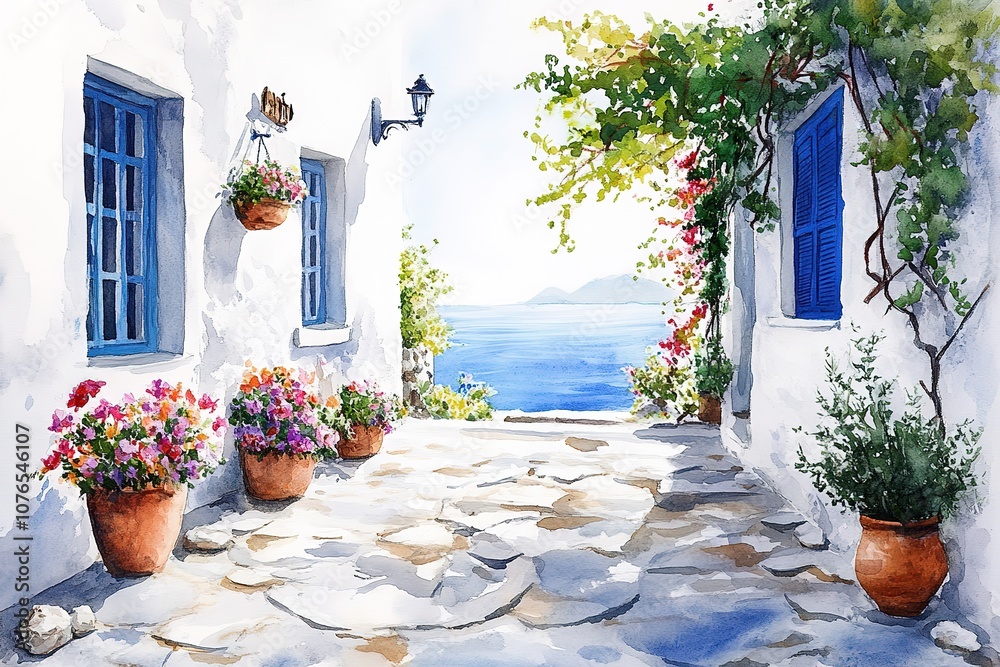 hand drawn watercolor painting of Greek house. architecture painting ...