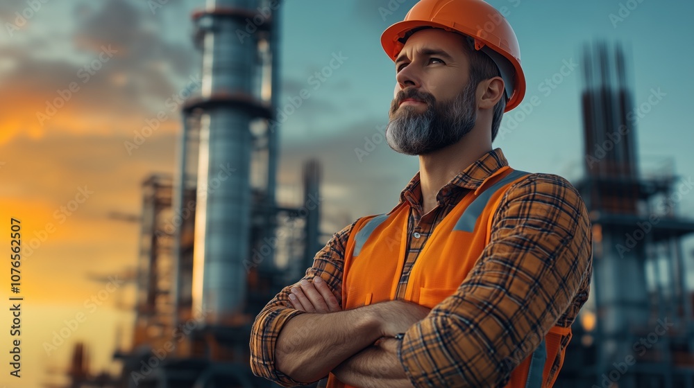 construction worker stands confidently with crossed arms, gazing ...