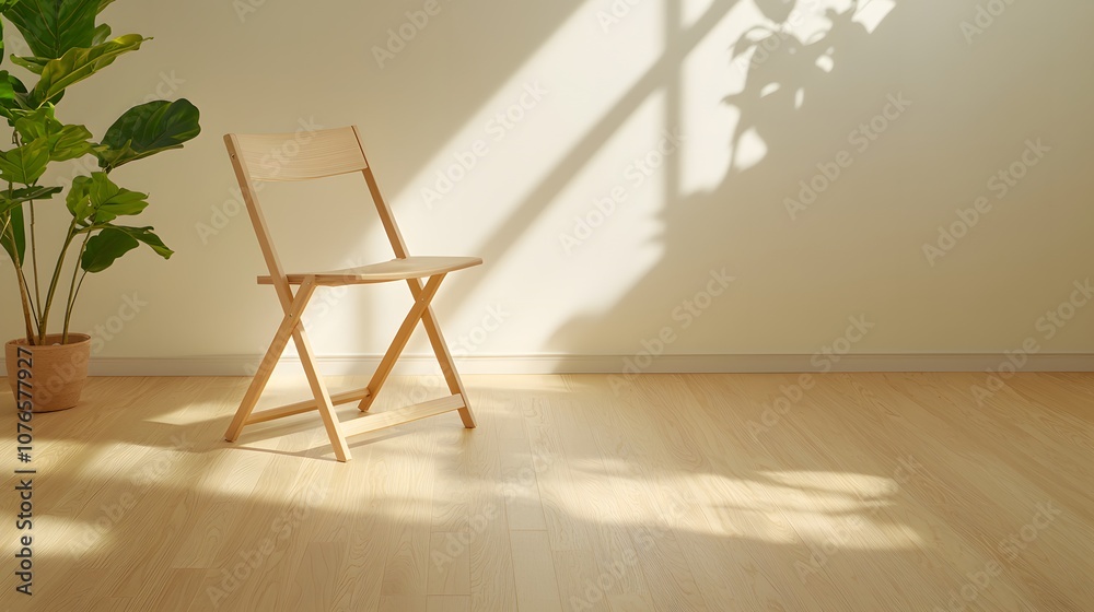 Simple folding chair in a white room with a warm wooden floor, creating ...