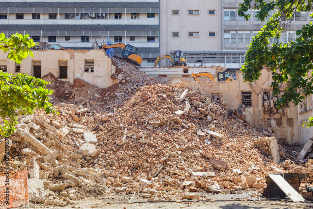 RIO DE JANEIRO, BRAZIL: excavators deconstructing former site of the INCA, "Instituto Nacional ...