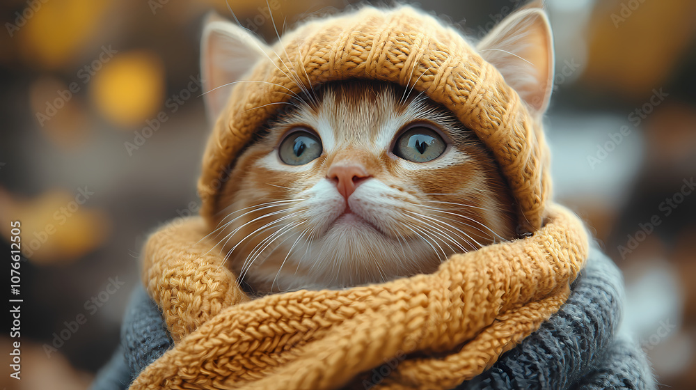 Cute kitten wearing a hat and scarf, a high-definition, realistic ...
