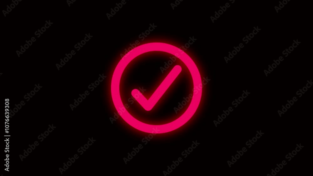 Tick mark. tick mark neon glowing animation on black background. White ...