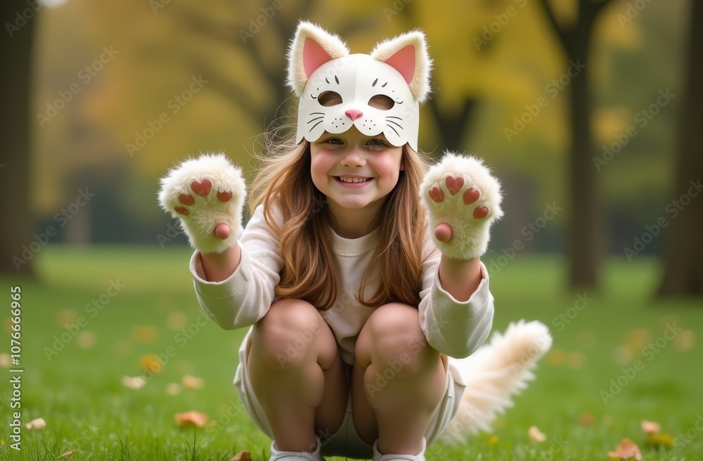 quadrober child girl in cat mask sits on all fours in park, quadrobics ...