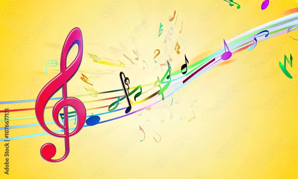 Colorful musical notes and treble clef symbols with flowing lines on a ...