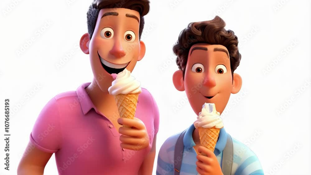Two male friends enjoying ice cream. 3D cartoon characters animation ...