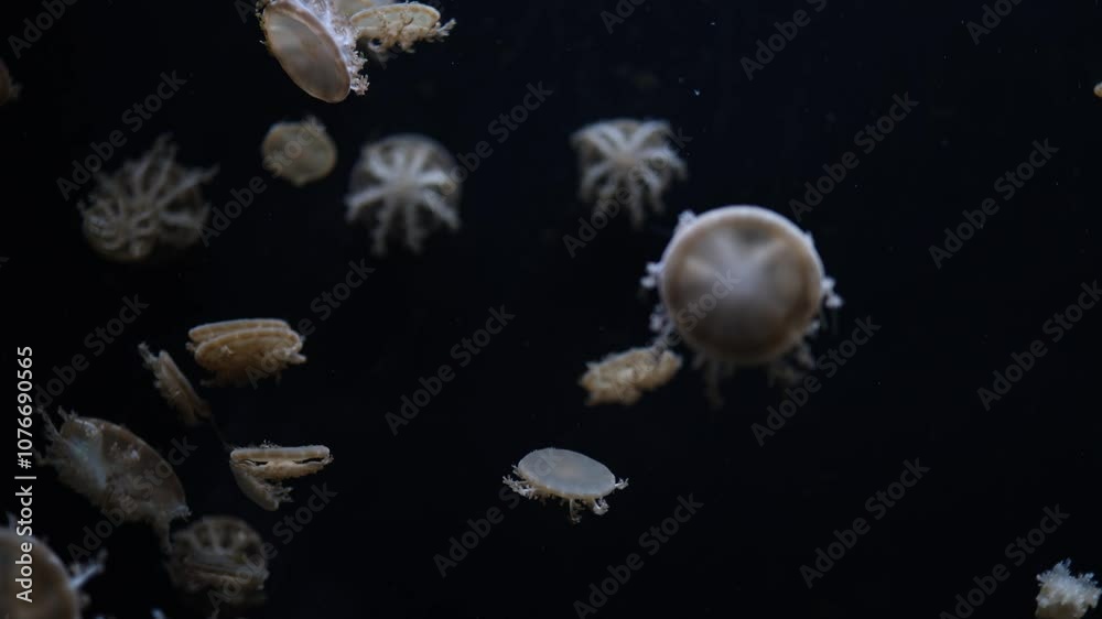A cluster of upside-down jellyfish floats gently in a dark aquatic ...
