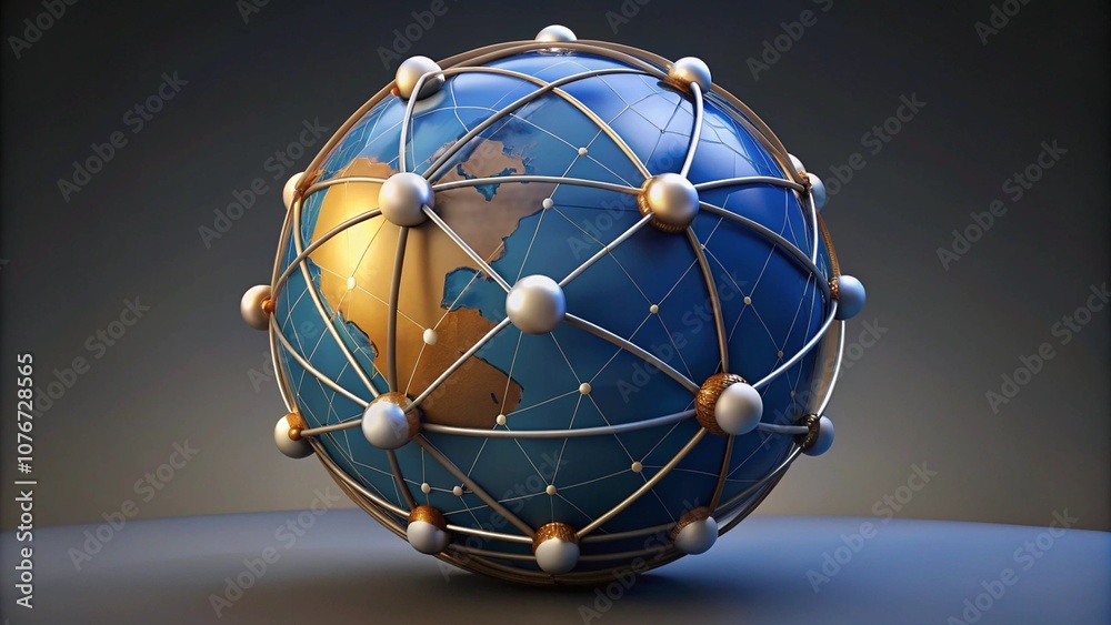 A 3D icon of a globe with connected nodes and transmission lines ...