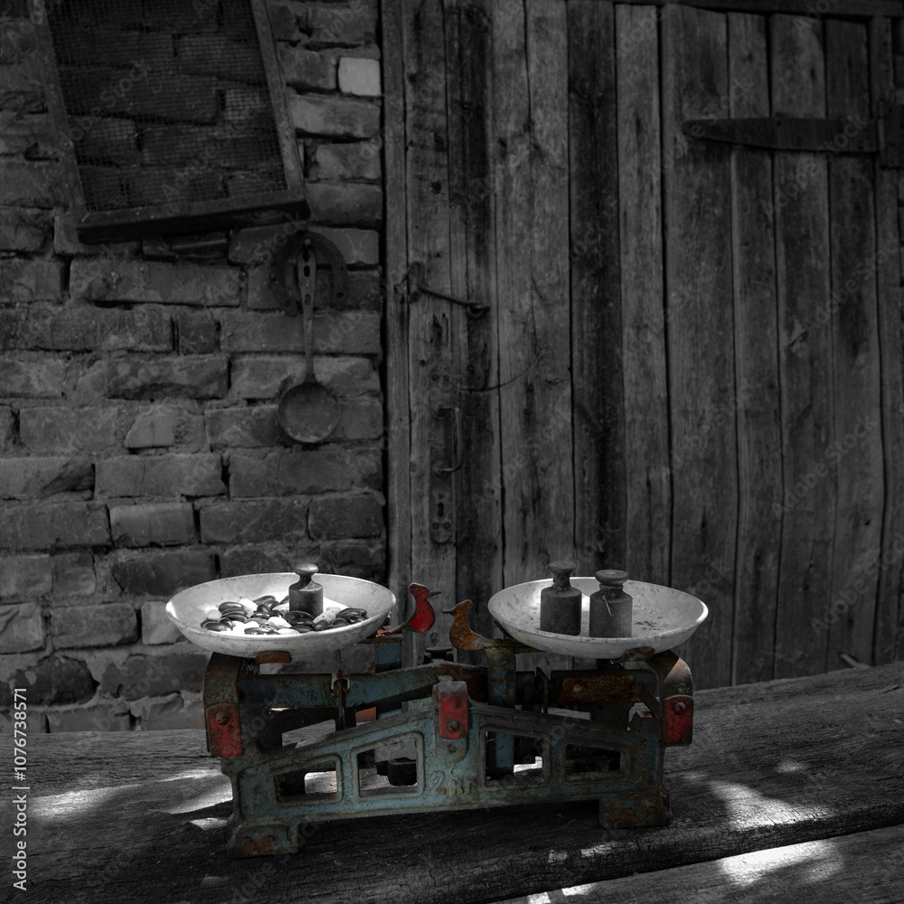 Relic, commercial scale. Metal scales of the 19th century. Barn, door ...