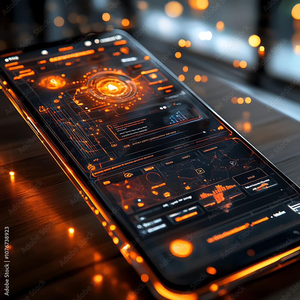 Futuristic smartphone with glowing interface and data visualization, showcasing advanced ...