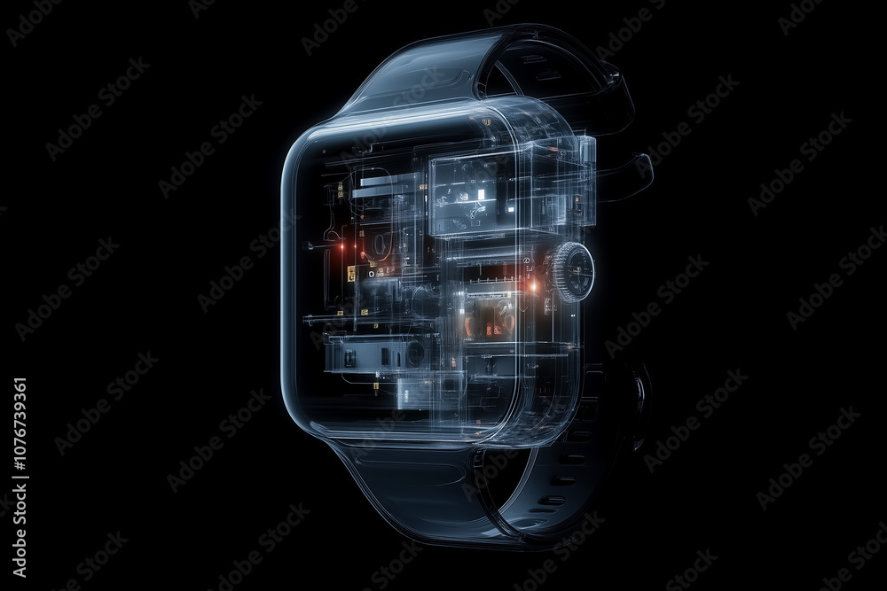 A detailed layered visual of a smartwatch, showcasing intricate ...