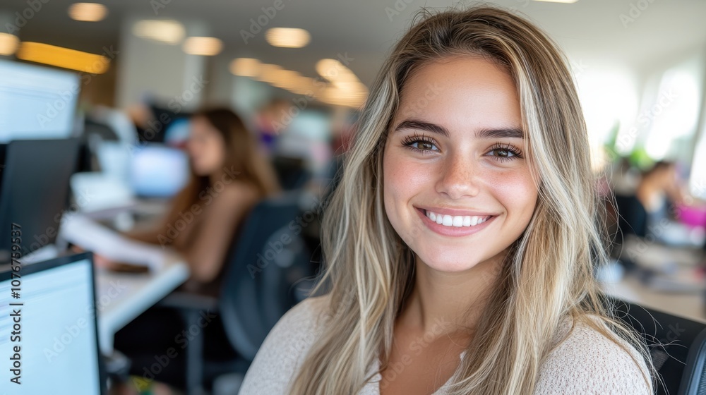 A cheerful woman with long blonde hair sits at a computer desk in a ...