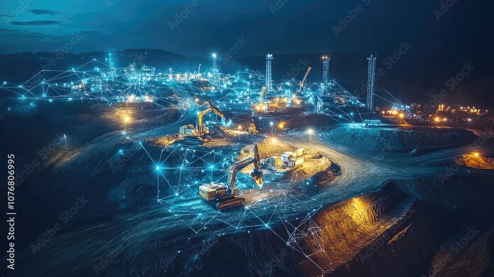Aerial view of an open-pit mine at night. This image shows the mining ...
