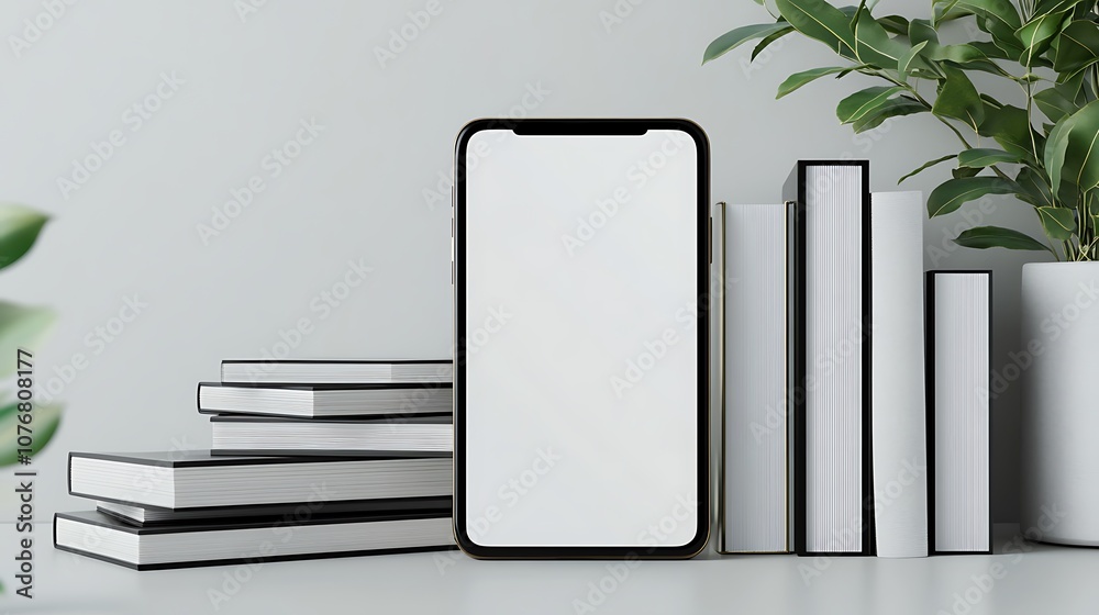 Mobile phone mockup leaning against a stack of books, with a blank ...