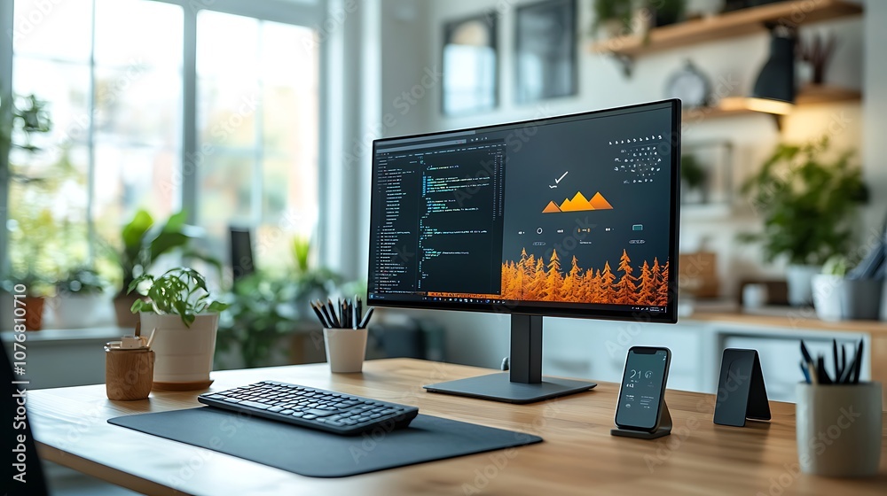 Minimalist workspace with a monitor on a stylish riser and a phone ...
