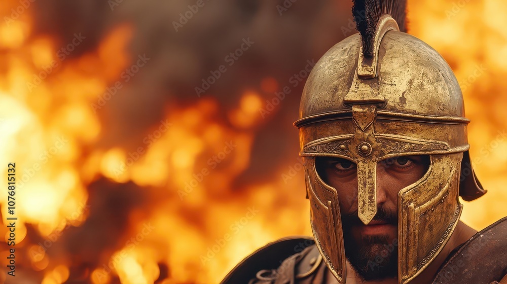 Spartan warrior with his face covered by a bronze helmet, standing ...