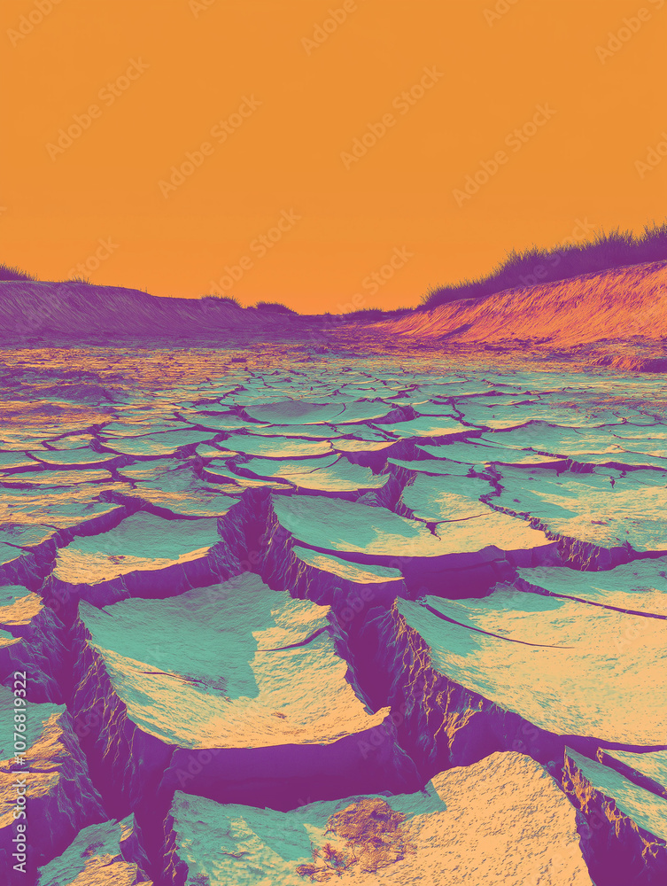 Retro illustration of cracked Earth in pastel shades with 90s-style ...