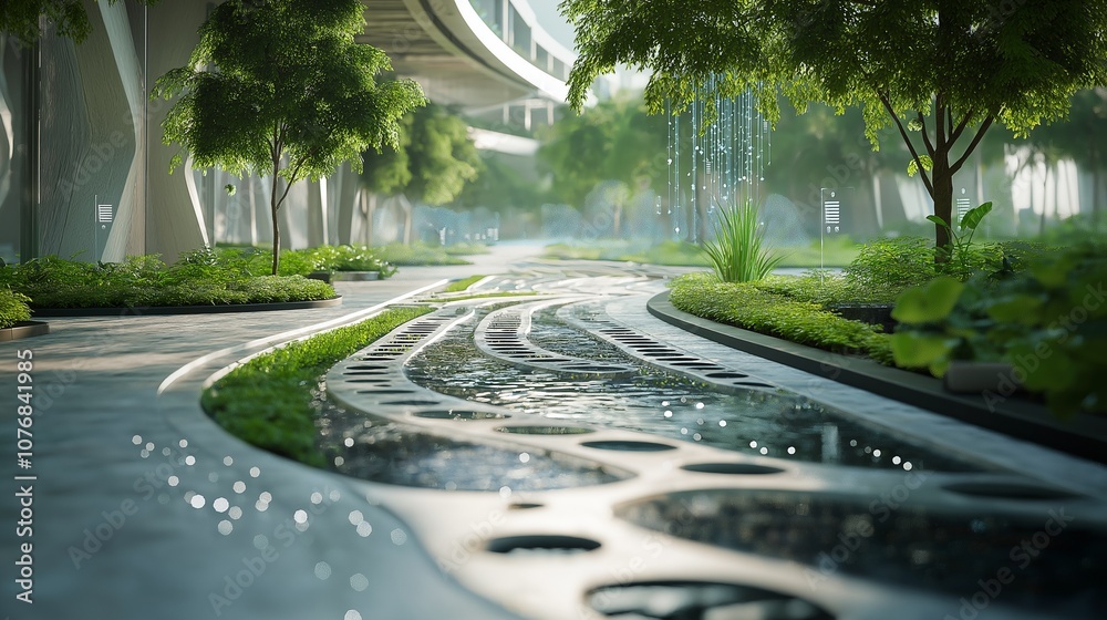 A futuristic urban development with permeable pavements that allow ...