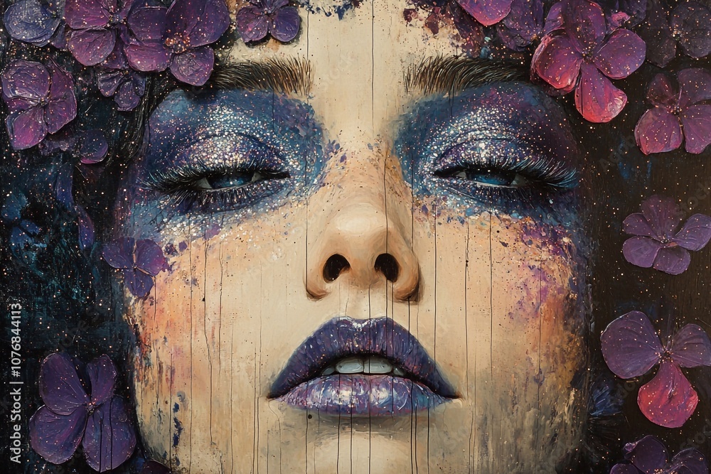 Close-up illustration of a girl's face with detailed makeup. Her skin ...
