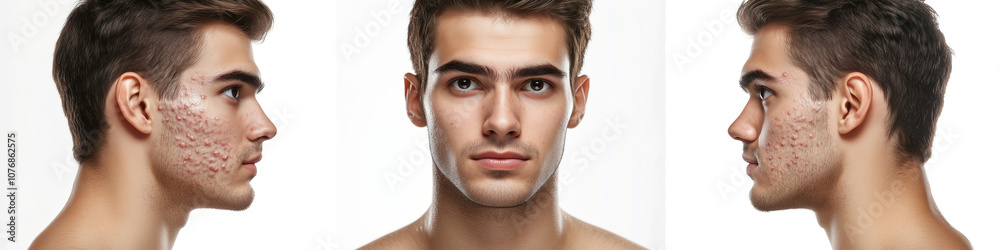 Close-up views of a young man with acne on his skin, showcasing ...