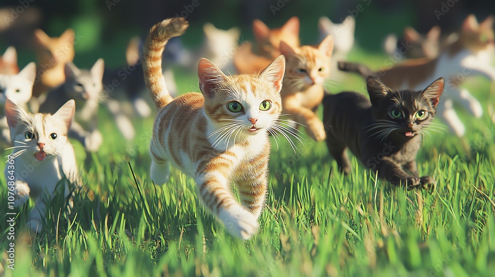 Several cats of different breeds enjoying a sunny field with soft grass ...