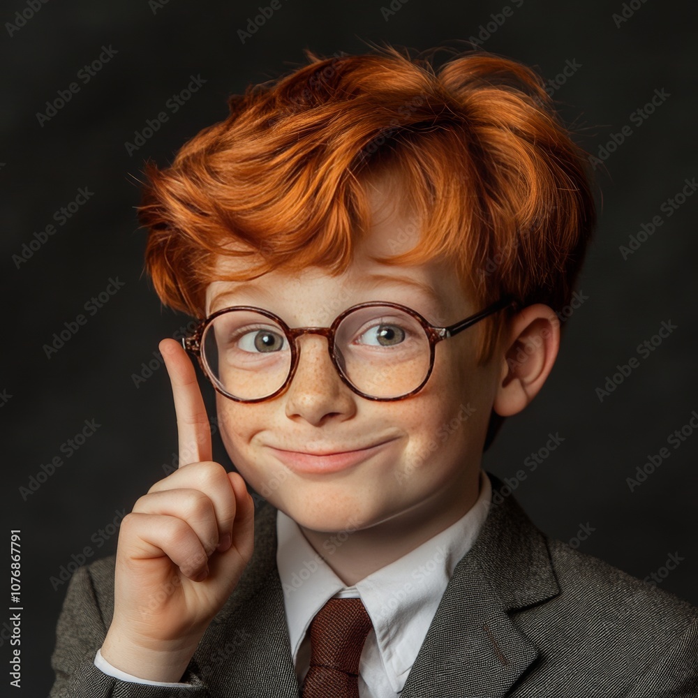 10 year old nerd with glasses, suit and red hair points with index ...