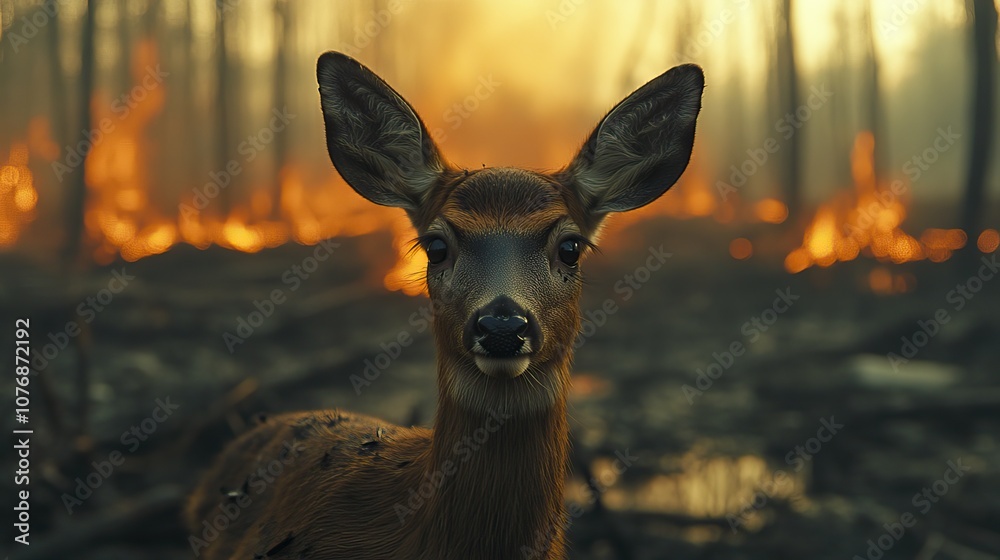 A deer looks back at the camera, standing in the remains of a forest ...