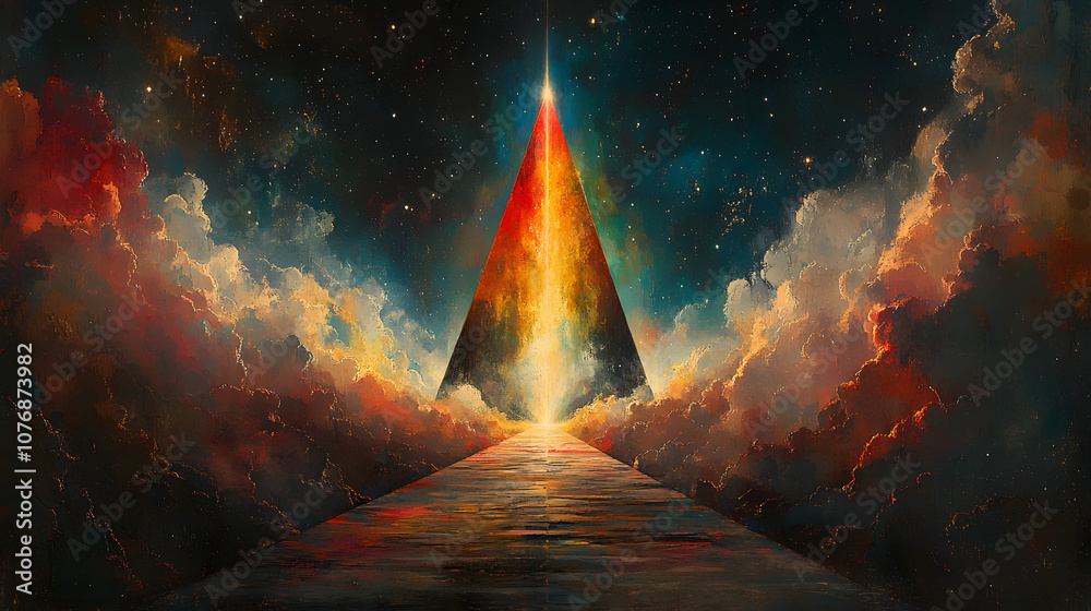 A vintage poster depicting an explosion of light rays emanating from a central point, creating a ...