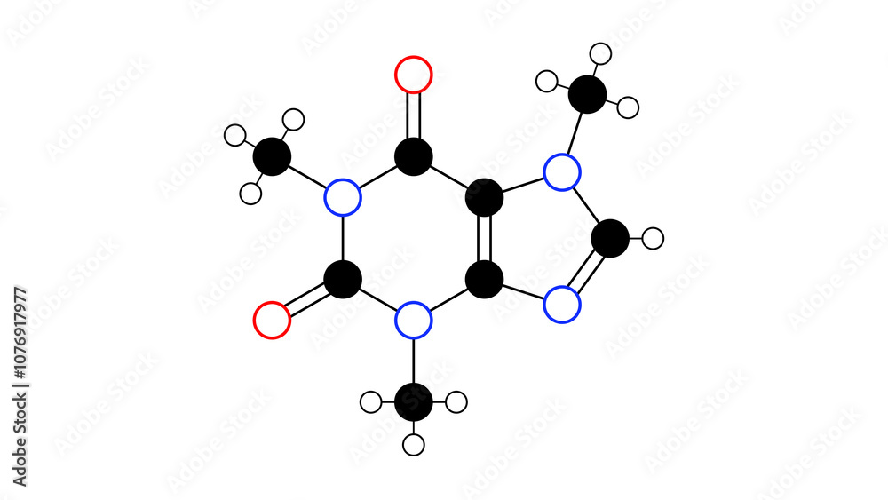 caffeine molecule, structural chemical formula, ball-and-stick model ...