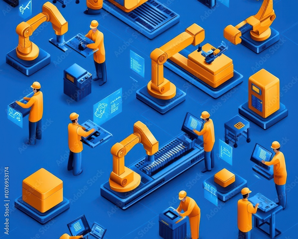Isometric smart factory layout with AIdriven production lines and ...