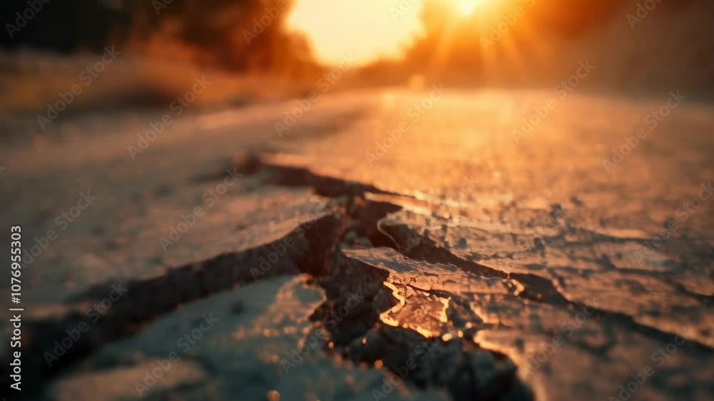 Cracked asphalt road surface during sunset after a devastating ...