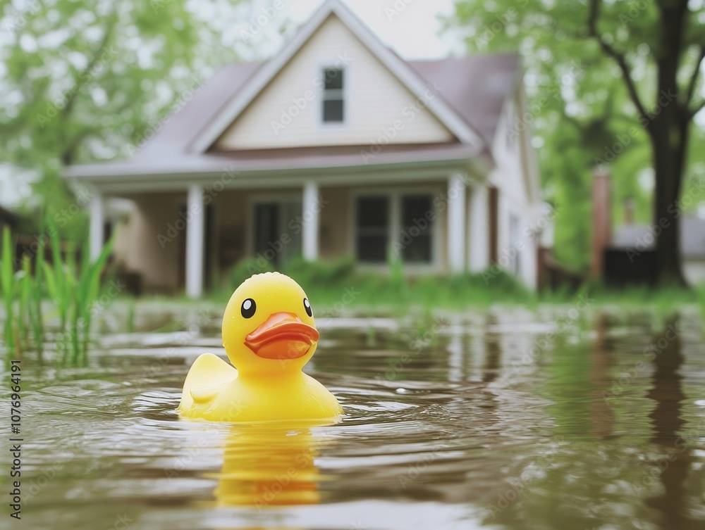 flooded house scene, rubber duck afloat, water chaos, natural disaster ...