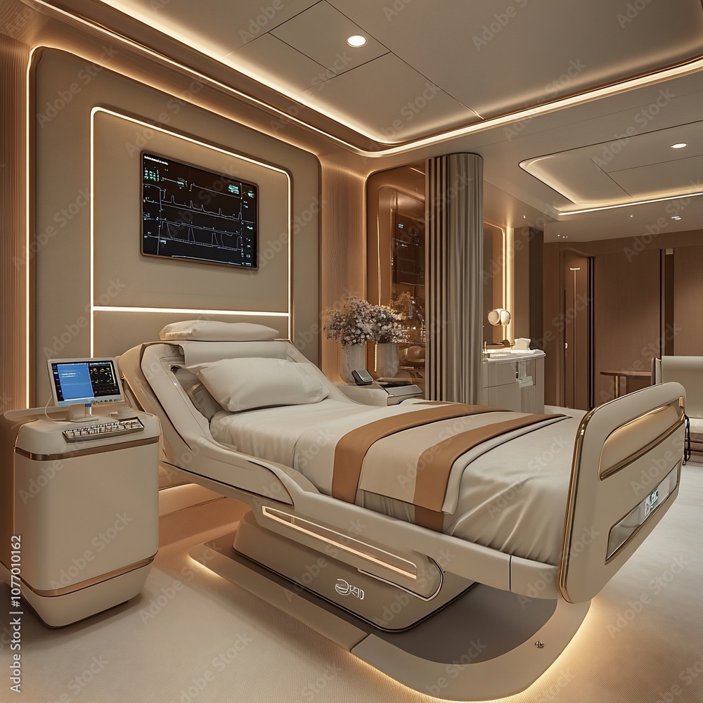 Luxurious private hospital room with a comfortable bed, a bedside table ...