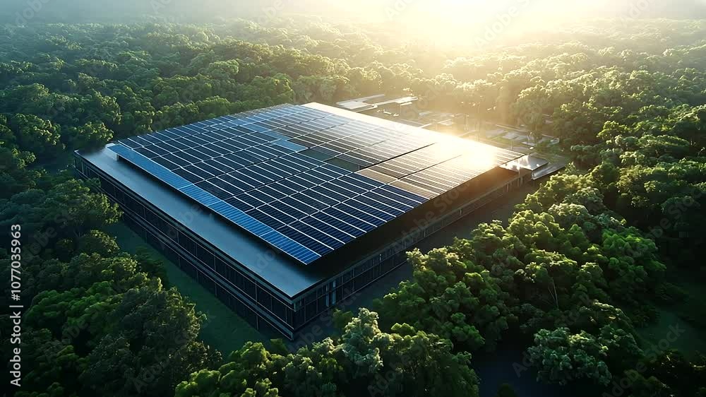A stunning aerial view of a vast data center, its roof covered in ...