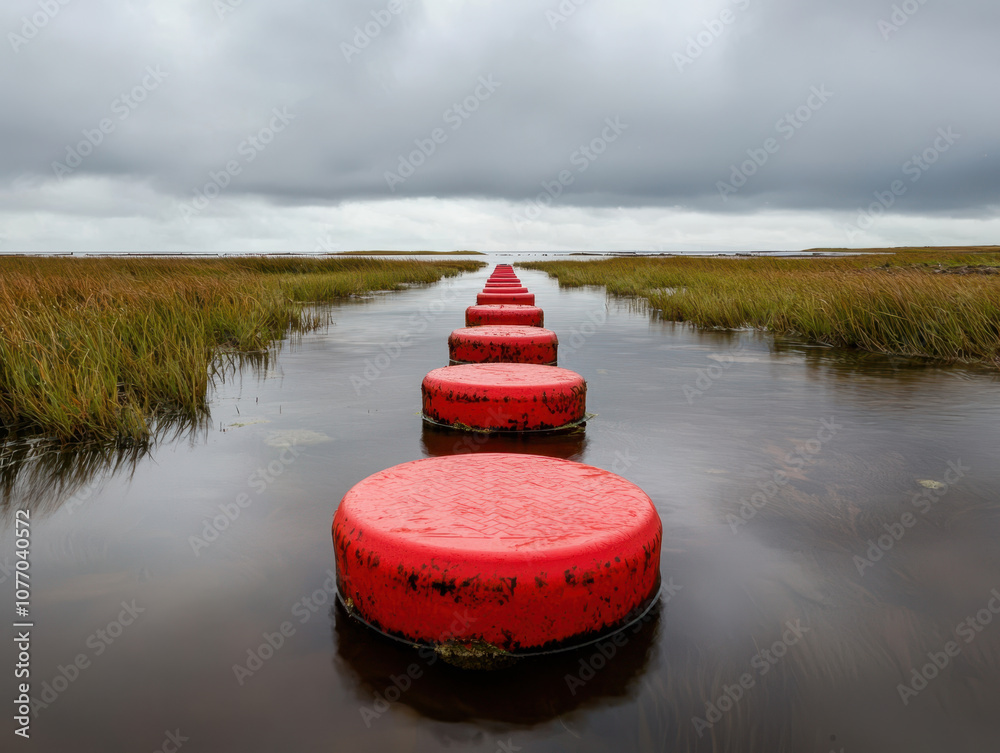 Red floating barriers in coastal wetlands, guiding through marshy ...