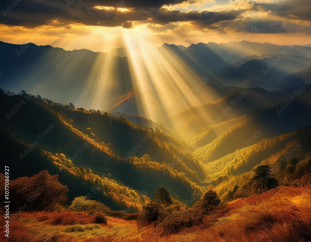 golden light rays shining down to mountains sun rays over valley sun ...