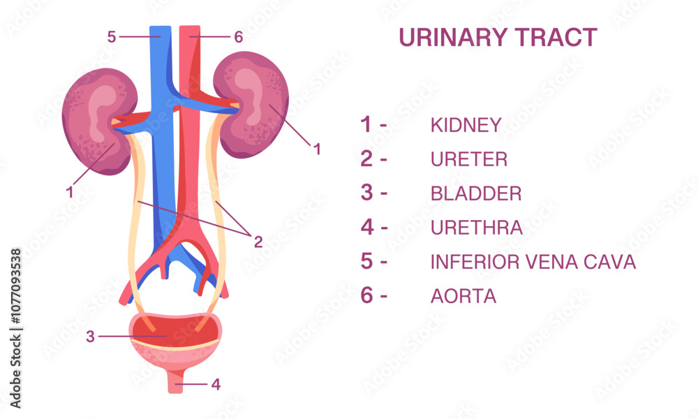 Vetor de Labeled Urinary Tract Diagram. Kidneys, Ureters, Bladder ...