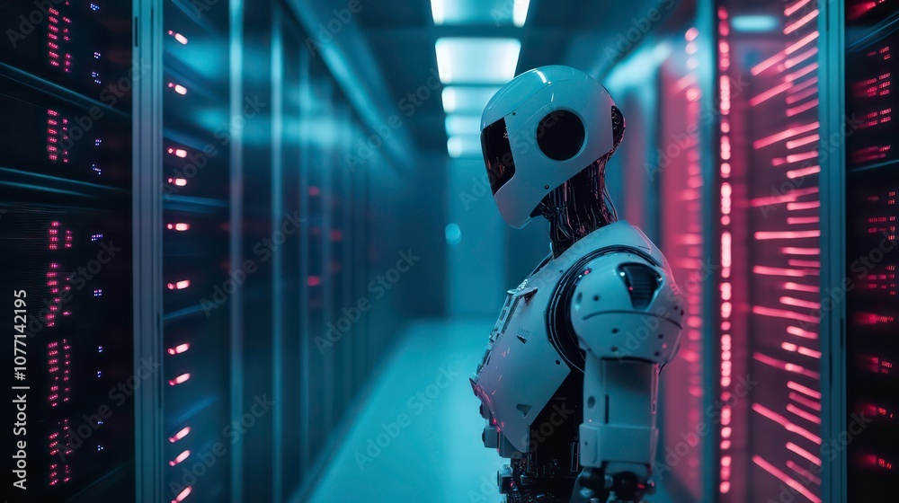 A humanoid robot stands in a server room, its white exterior reflecting ...