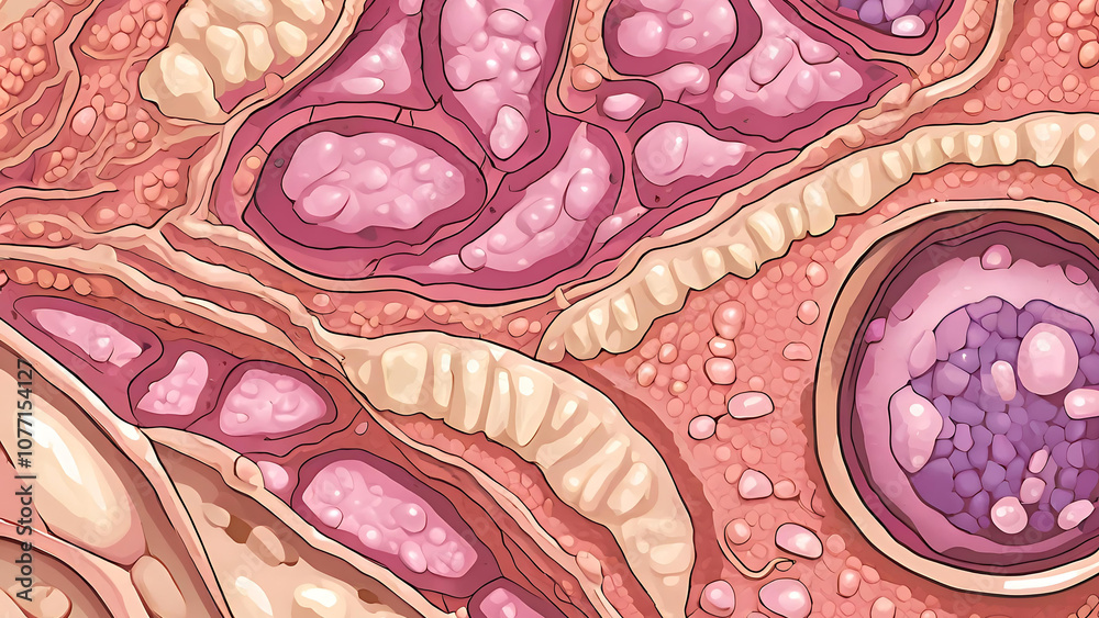 A detailed close-up of skin tissue, revealing intricate structures of ...