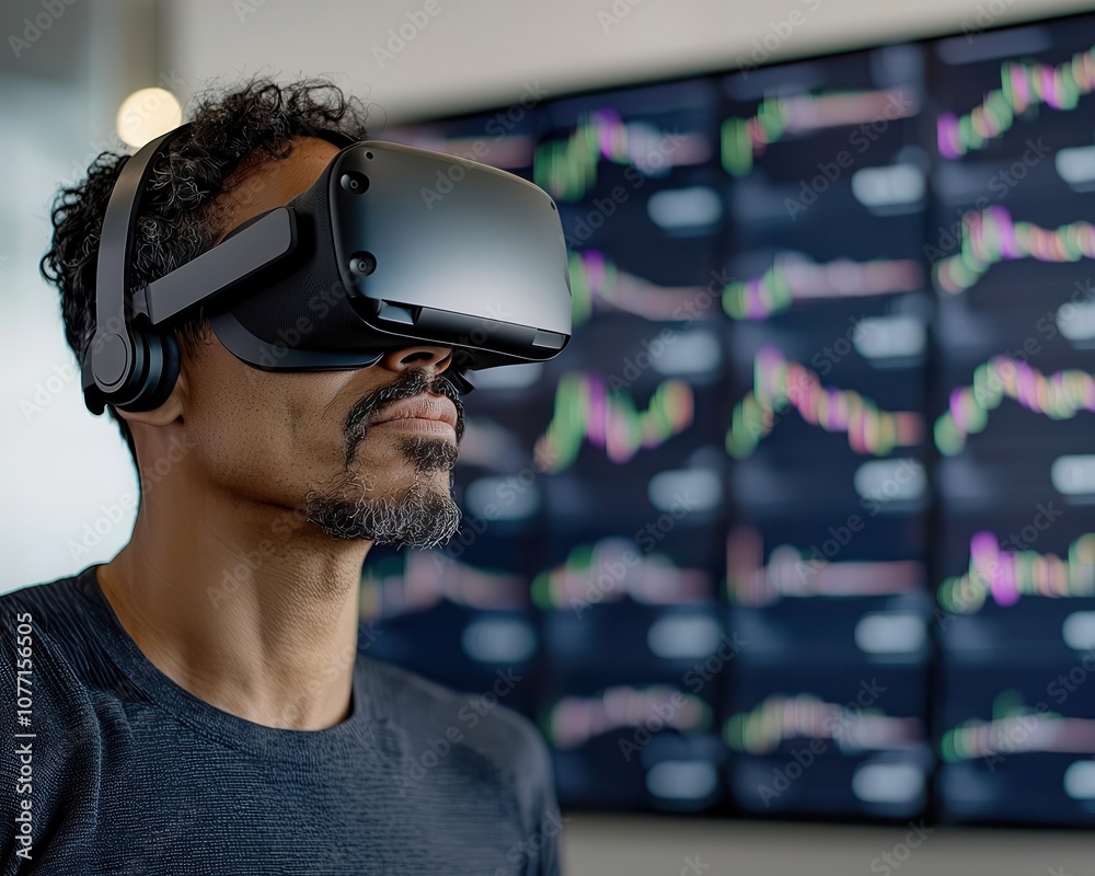 Professional using VR for AI trading strategy analysis, goal focus ...