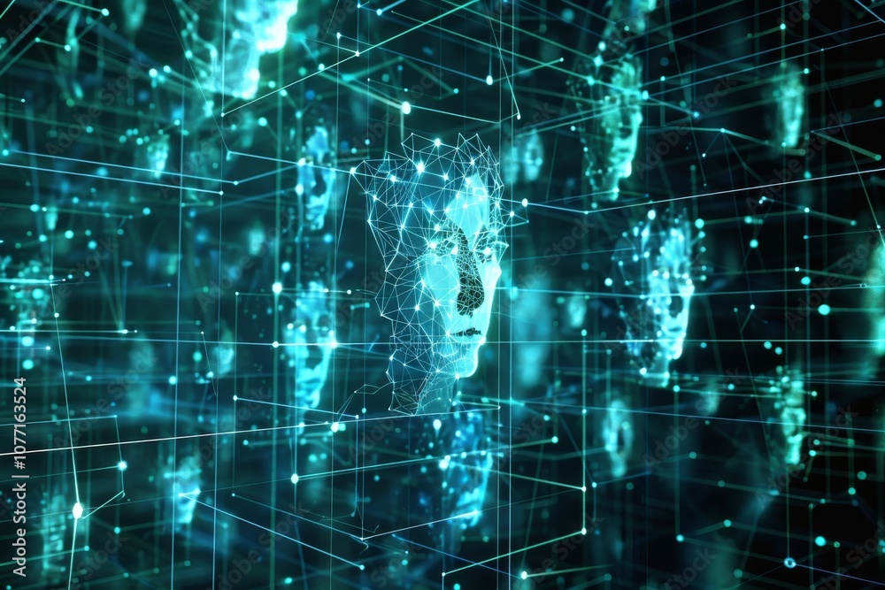 A womans face enclosed by a pattern of blue lines on a digital ...