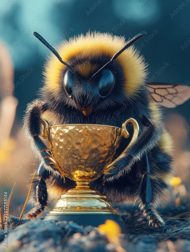 Bee-lieve in Yourself: A Triumphant Bumble Bee Holding a Golden Trophy ...