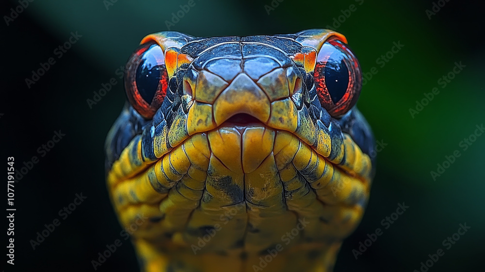 close up of blue viper snake showcasing its striking red eyes and ...