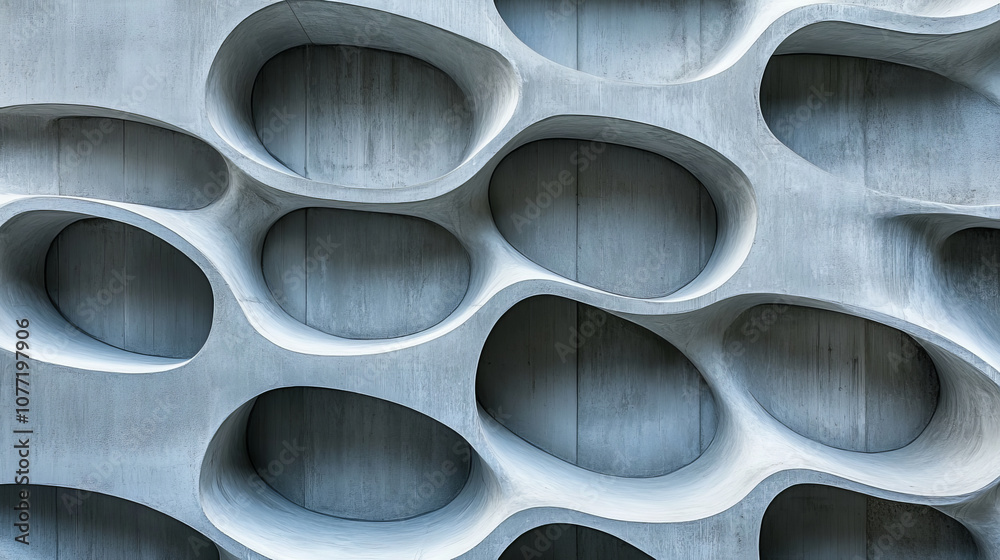 modern architectural wall with abstract, wavy cutouts in grey tones ...