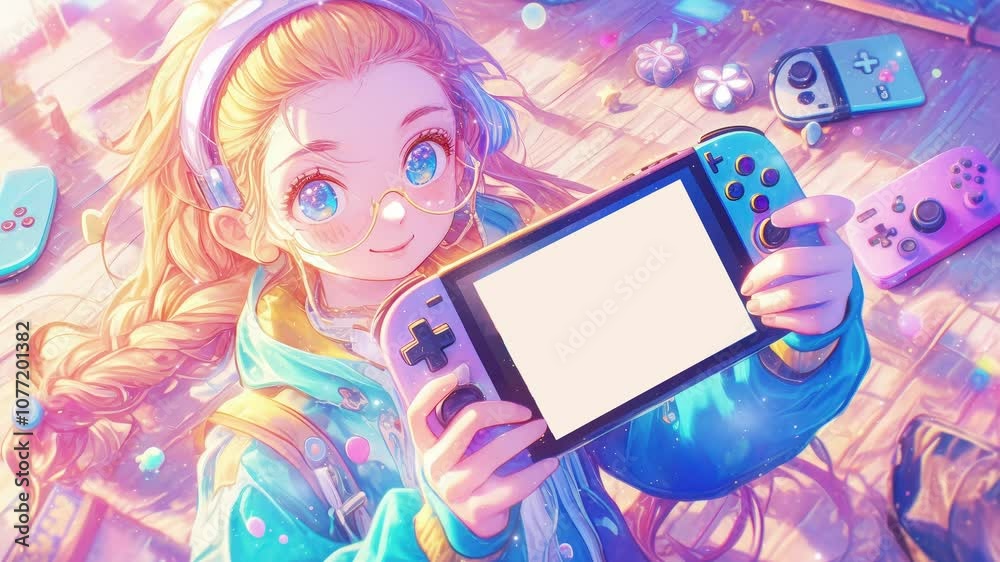 A girl holds a gaming console, ready for an exciting adventure in a ...