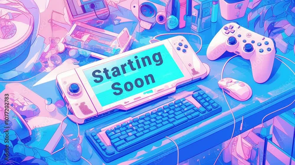 lively gaming workstation featuring various controllers and bright ...