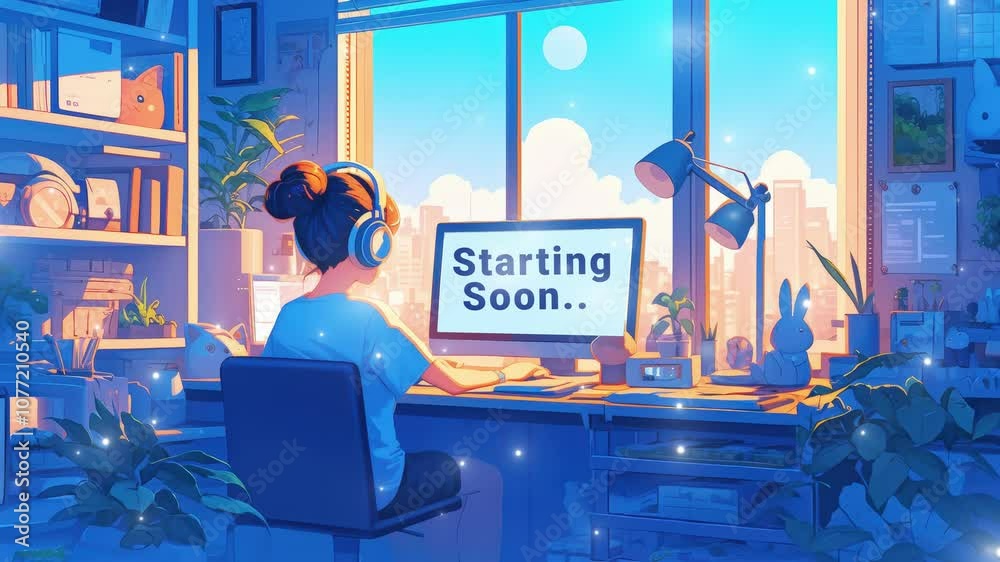 A young person gets ready for a stream, surrounded by plants and ...